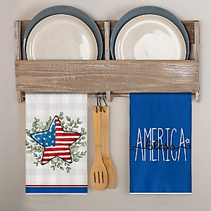 Artoid Mode Buffalo Plaid American Flag Stars 4th of July Kitchen Towels Dish Towels, 18x26 Inch Eucalyptus Leaves Patriotic Liberty Decor Hand Towels Set of 4