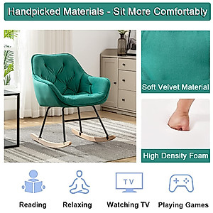 Compact Velvet Rocking Chair, Comfy Accent Rocker Chair for Babies Nursery, Upholstered Glider for Bedroom, Living Room (Emerald Green)
