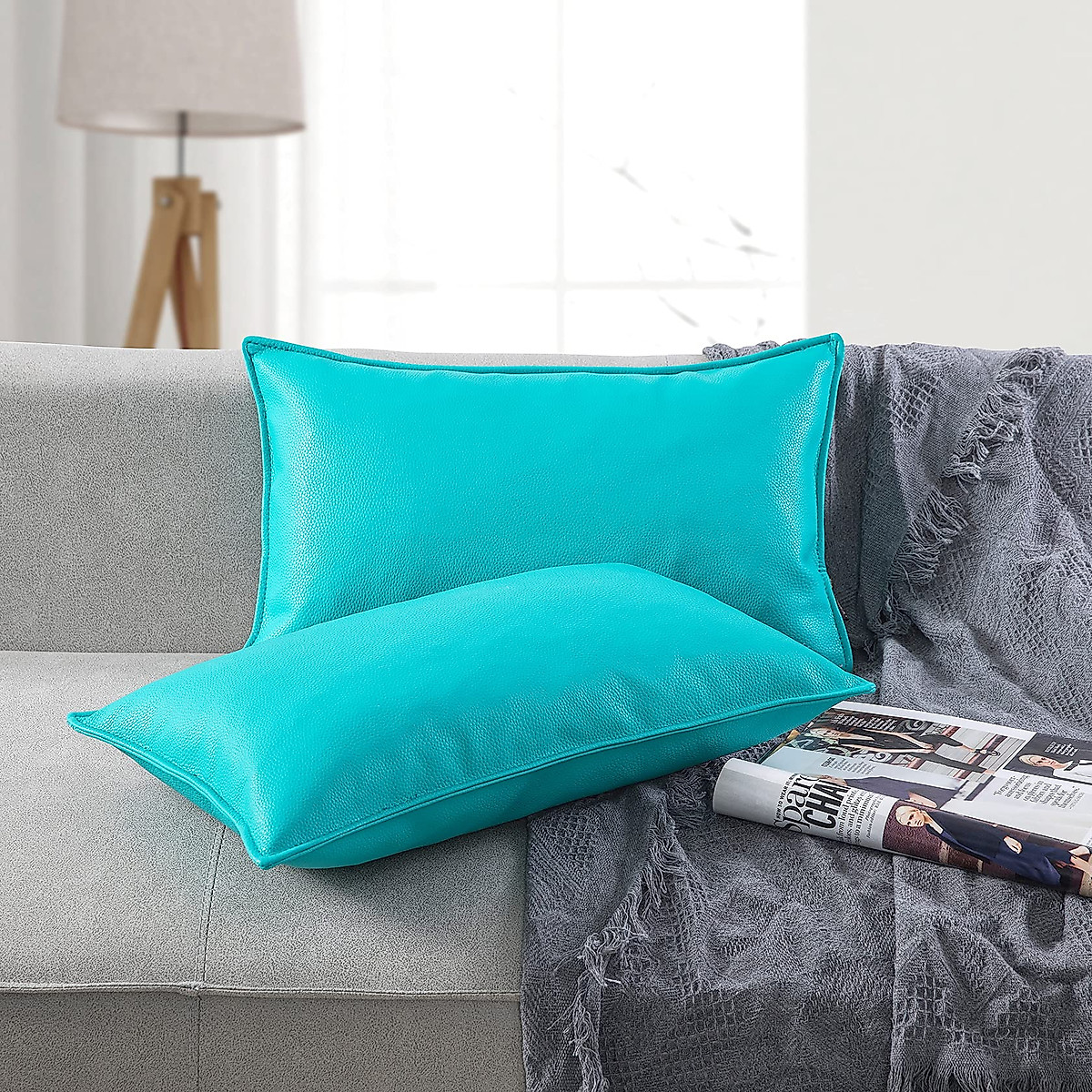 YINNAZI Thick Heavy Duty Soft Faux Leather Throw Pillow Covers, Solid Color, Waterproof Dustproof, Square Garden Cushion case, Pillowcase for Patio Couch Sofa Bench, 12x 20 Inch, Set of 2, Teal Green