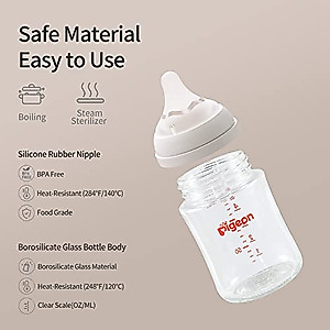 Pigeon Glass Baby Bottle(5.4 Oz, Pack of 2) with 4 Latch-On Line Silicone Nipples, Newborn Feeding Set(0~3M)