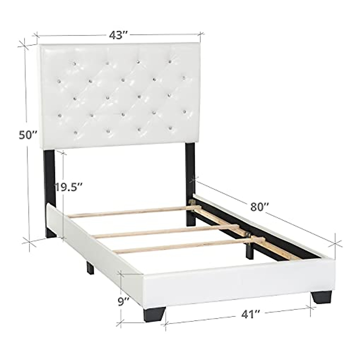 Happy Homes Lexi Upholstered Bed Frame with Headboard /Diamond Button Tufted /Faux Leather /Wood Slats Included /Easy Assembly/Box Spring Platform Needed /Works with Memory Foam Mattress Twin White