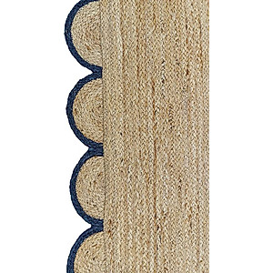 Jute Area Rug for Home and Living Room Décor Rectangular Scalloped Vintage Jute Area Rug Carpet Navy 2' x 3' by Varsha Textile