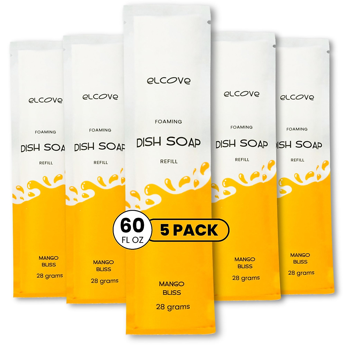 Elcove Foaming Dish Soap Refill Eco Friendly (Set of 5), Concentrated Powder Refills Make 60 oz of Non Toxic Dish Soap, Plastic Free, Septic Safe, Sustainable Products