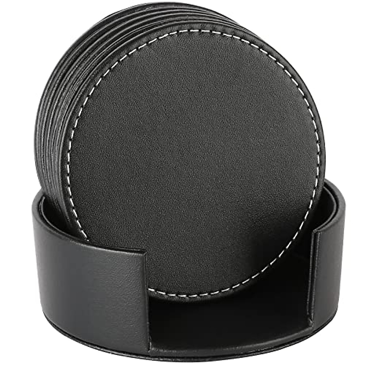 CARLWAY Set of 6 Leather Drink Coasters Round Cup Mat Pad for Home and Kitchen Use Black, 3.94"