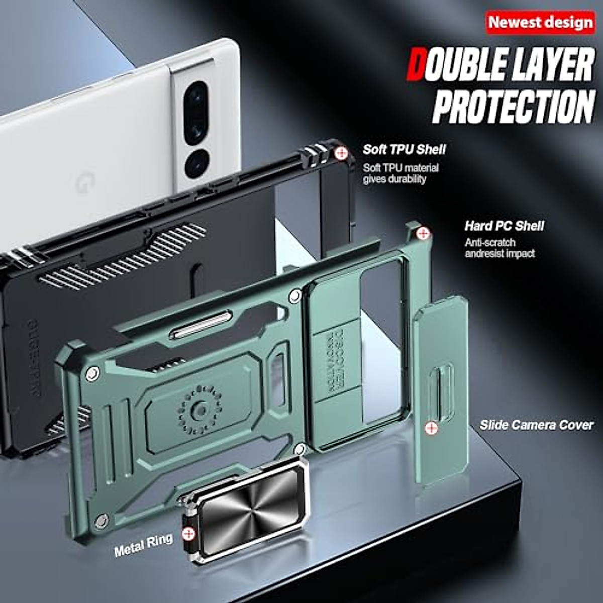 LeYi for Pixel 7 Pro Case: Google 7 Pro Case with Slide Camera Cover, 360 Full Body Military-Grade Protective Heavy Duty with Upgrade Kickstand Case for Google Pixel 7 Pro, Alpine Green