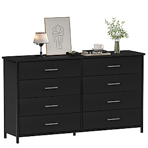 IKENO 8 Drawer Dresser for Bedroom, Industrial Wood Dresser Wide 8 Chest of Drawers, Wooden Storage Organizer Dresser with Sturdy Steel Frame (Black)