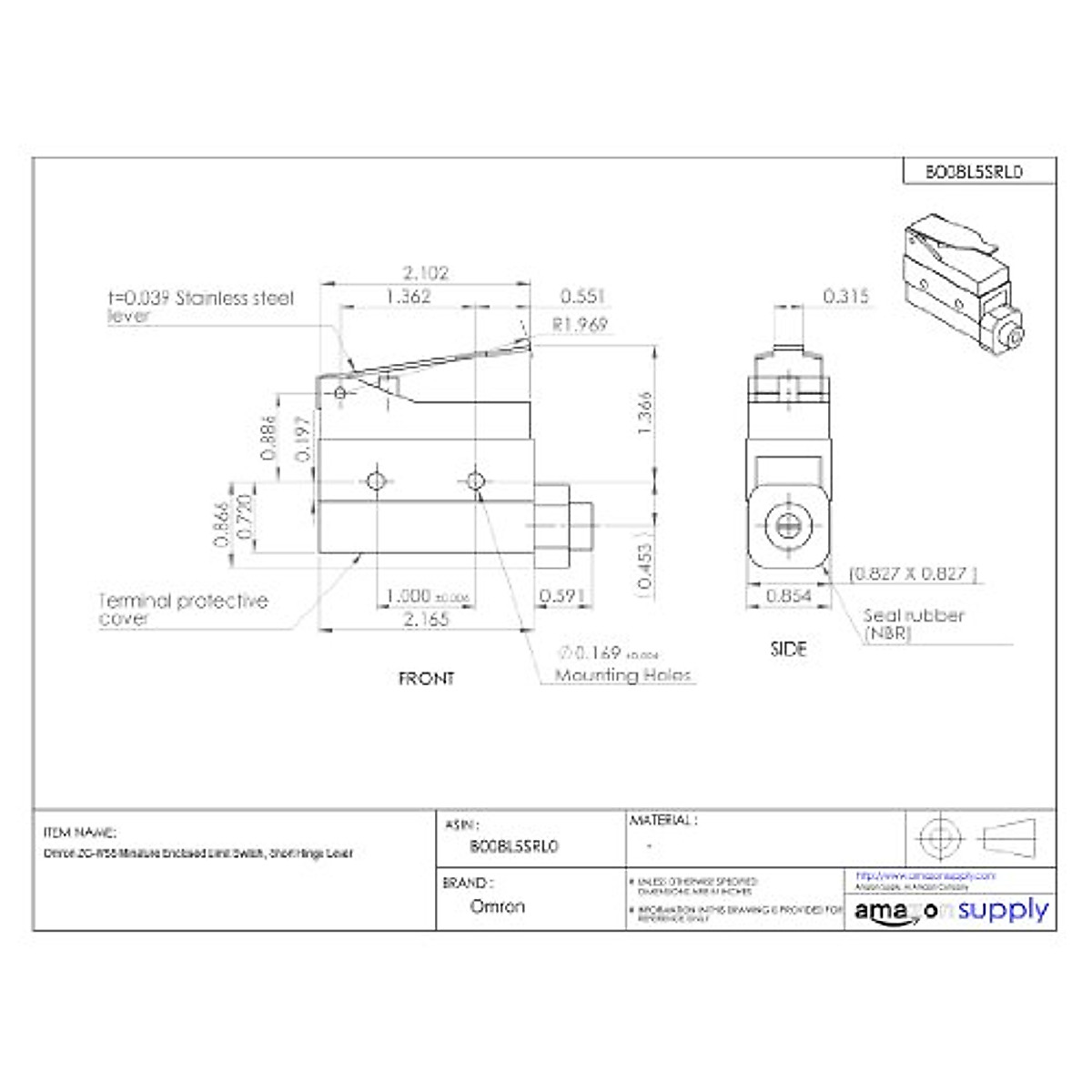 Omron ZC-Q2255 Minature Enclosed Limit Switch, Panel Mount Roller Plunger