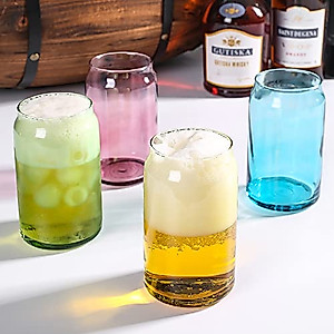 Amzcku Colored Drinking Glasses, 16 oz Can Glass, Cute Iced Coffee Cup Tumblers, Soda, Tea, Beer, Water, Cold Drink Glassware, Cocktail Glass, Set of 4