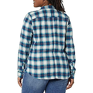 Goodthreads Women's Brushed Flannel Drop-Shoulder Long-Sleeve Shirt, Blue White Tartan, Large