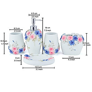 Ximlike Floral Bathroom Accessories Set Light Green, 5-Piece Resin Bathroom Completes Set Flower Pattern, Toothbrush Holder, Soap Dispenser, Tumbler, Soap Dish, Bathroom Vanity Organizer Decor Sets