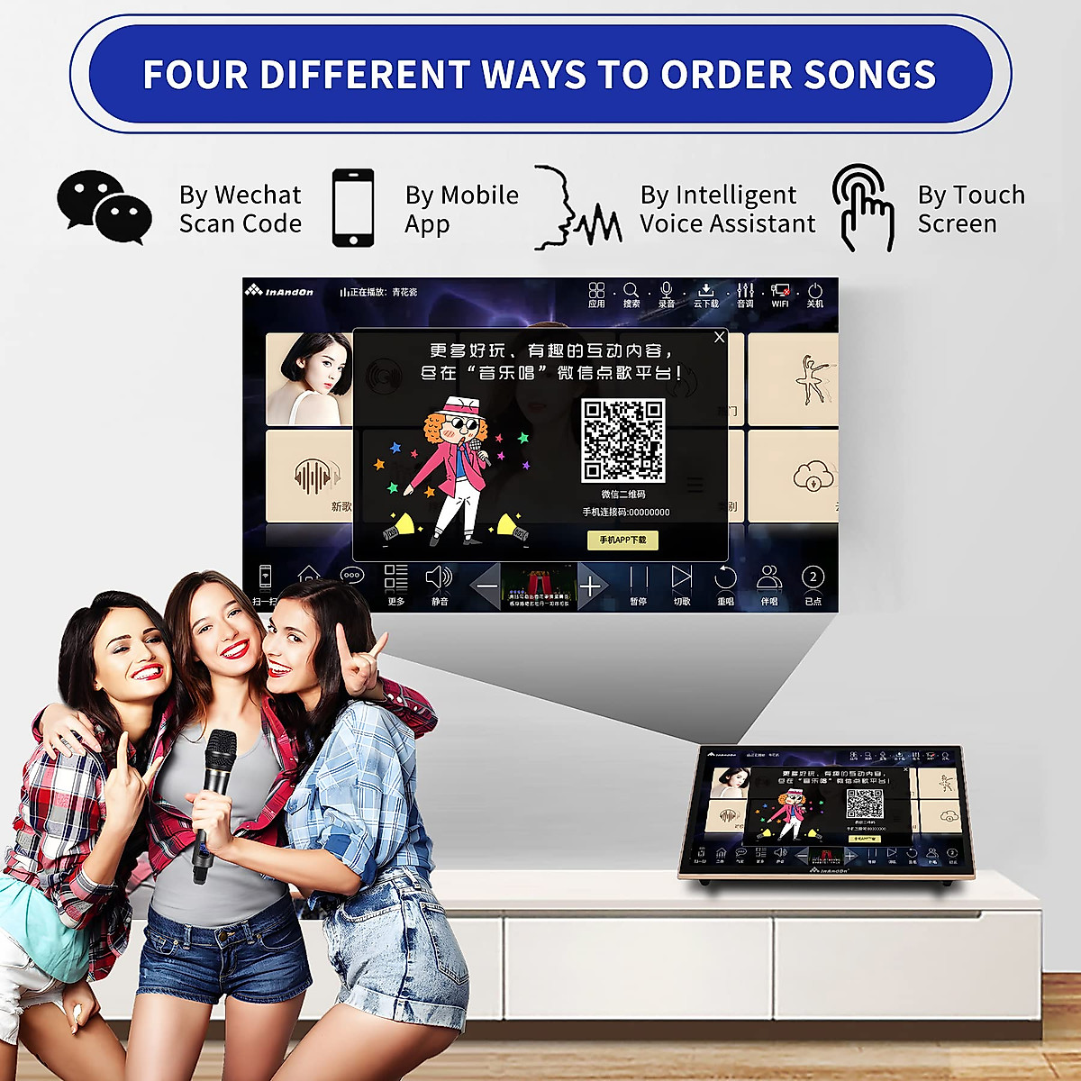 Chinese Karaoke Machine, 19 Inch Touch Screen Phone Remote & App Control Cloud Download Songs All in One Karaoke System with Wireless Mic, KTV Singing Karaoke Player for Family Bar Home Party