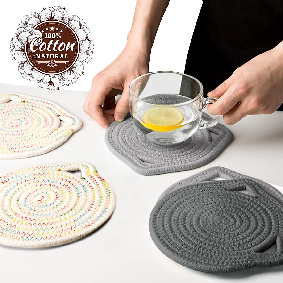 YONOVO 7" Cotton Trivets Set, 3Pcs Cute Cat Ear Pot Holders Woven Hot Pads Mats Thick Heat Resistant for Hot Pots and Pans Round Hot Plate Holder Washable Potholders Kitchen Farmhouse Rustic Gift