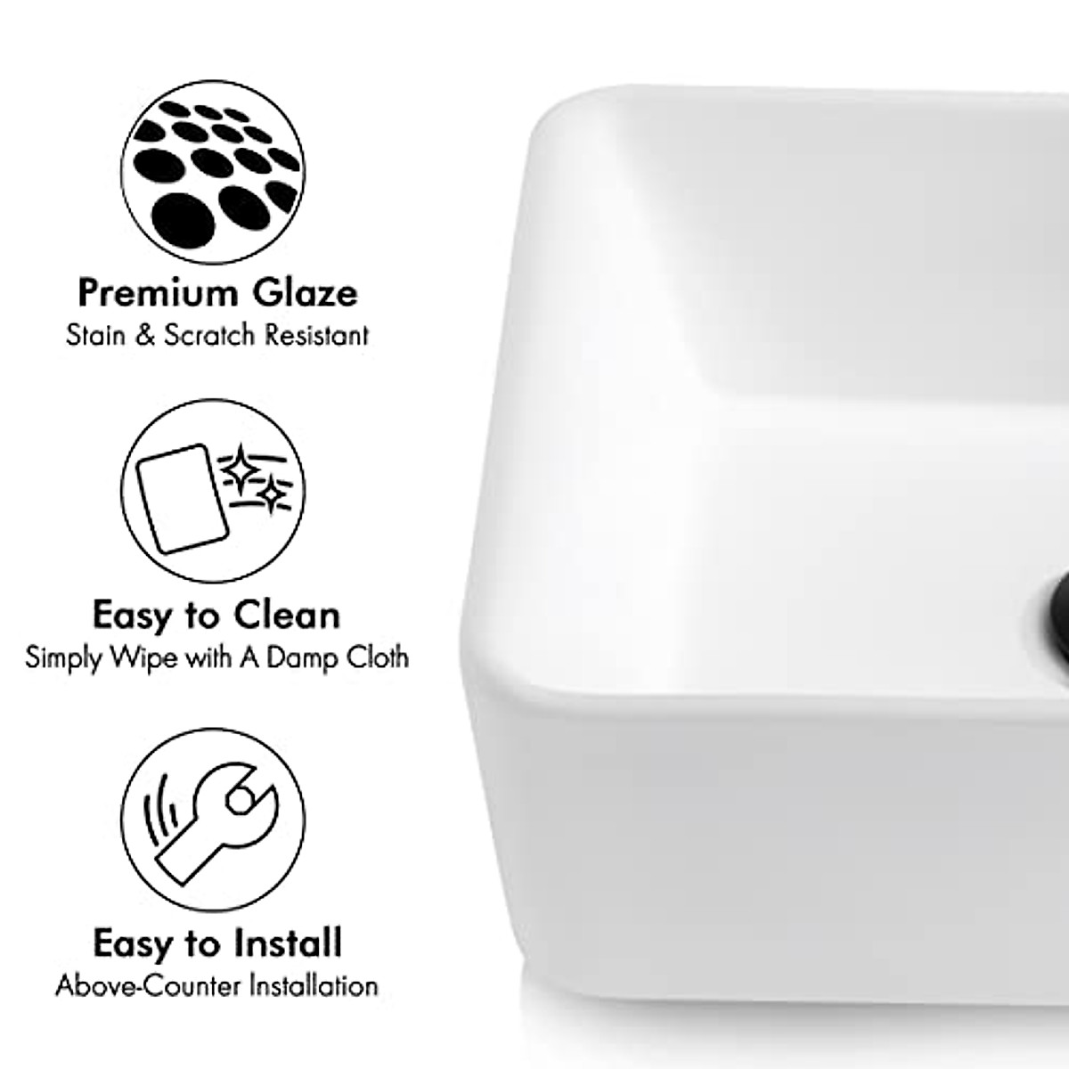 KES Rectangle Bathroom Sink with Bathroom Sink Drain Combo, 16" x 12" White Ceramic Vessel Sink Above Counter with Pop Up Drain Stopper Brass and Stainless Steel Matte Black, BVS110S40+S2008D-BK