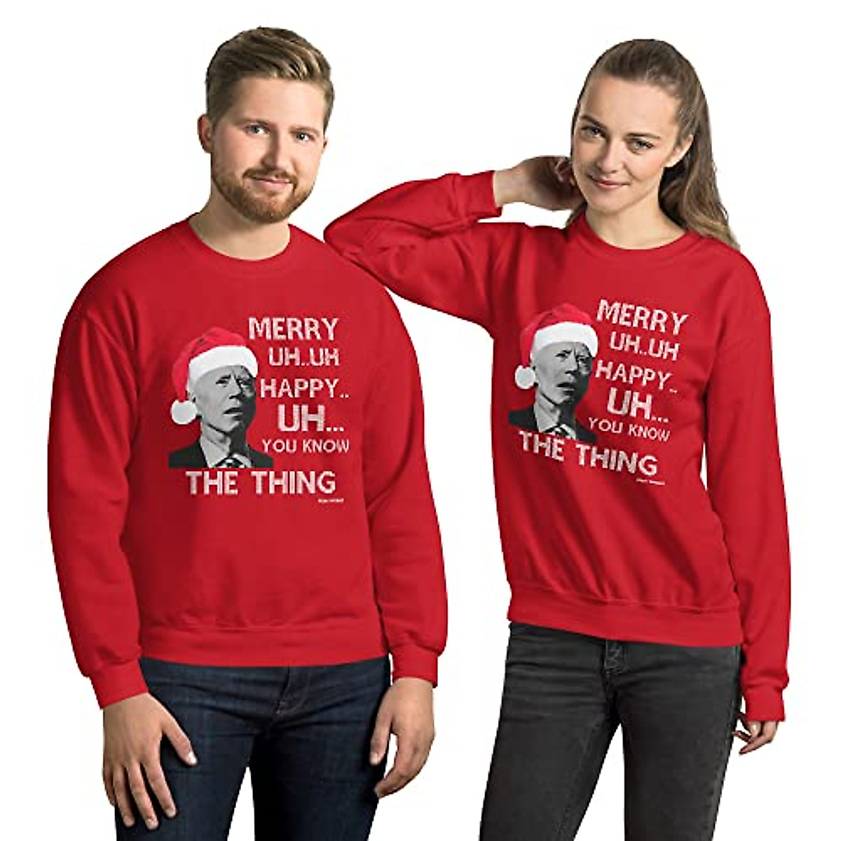 Pesky Patriot Funny Joe Biden Merry UH UH Ugly Christmas Sweater | Hilarious Mumbling Biden Tacky Xmas Pullover Sweatshirt for Men or Women (XX_Large) Red