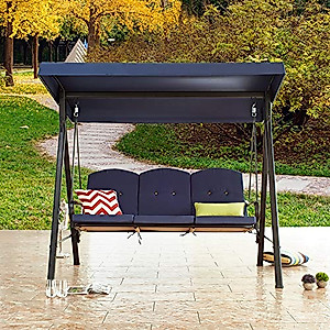 LOKATSE HOME 3-Seats Patio Swing with Adjustable Canopy Weather Resistant Steel Frame Outdoor Porch Converting Deck Furniture, Blue