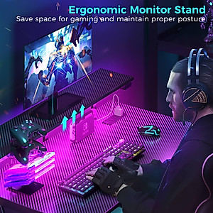 SEVEN WARRIOR Gaming Desk with LED Lights & Power Outlets, 31.5" Computer Desk with Monitor Shelf, Home Office Desk with Cup Holder and Headphone Hook, Ergonomic, Carbon Fiber Surface Black