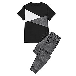 OYOANGLE Men's 2 Piece Outfits Short Sleeve T Shirt and Sweatpants Lounge Set Sleepwear Tracksuit Black Grey M