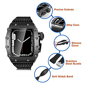Metal Case for Apple Watch 7 45mm Band with Cover, Heavy Duty Rugged Case Glass Screen Protector Silicon Strap for iWatch Series 7 45mm Accessories Men's Full Protective Cover (Black)