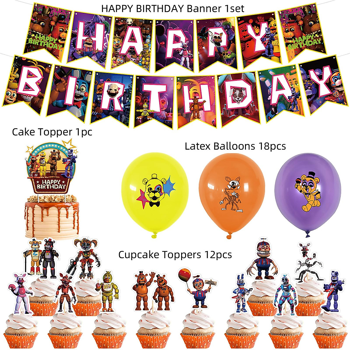 Freddy's Birthday Party Decorations, 5 Nights Decorations include Banner,Cake Toppers, Balloons for Kids Baby Shower Birthday Party Supplies (Purple)
