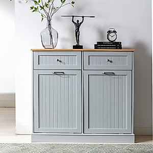 Double Trash Cabinet Tilt Out 20 Gallon, Pet Proof Kitchen Trash Cabinet Laundry Hamper with Cutting Board, Wood Garbage Recycling Station Hideaway Trash Holder Drawers (Grey)