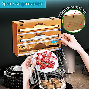 Foil and Wrap dispenser organizer, 3 in 1 Plastic Wrap Dispenser with Cutter and Labels, Plastic Wrap, Aluminum Foil and Wax Bamboo Dispenser for Kitchen Storage Organization Holder for 12 Roll