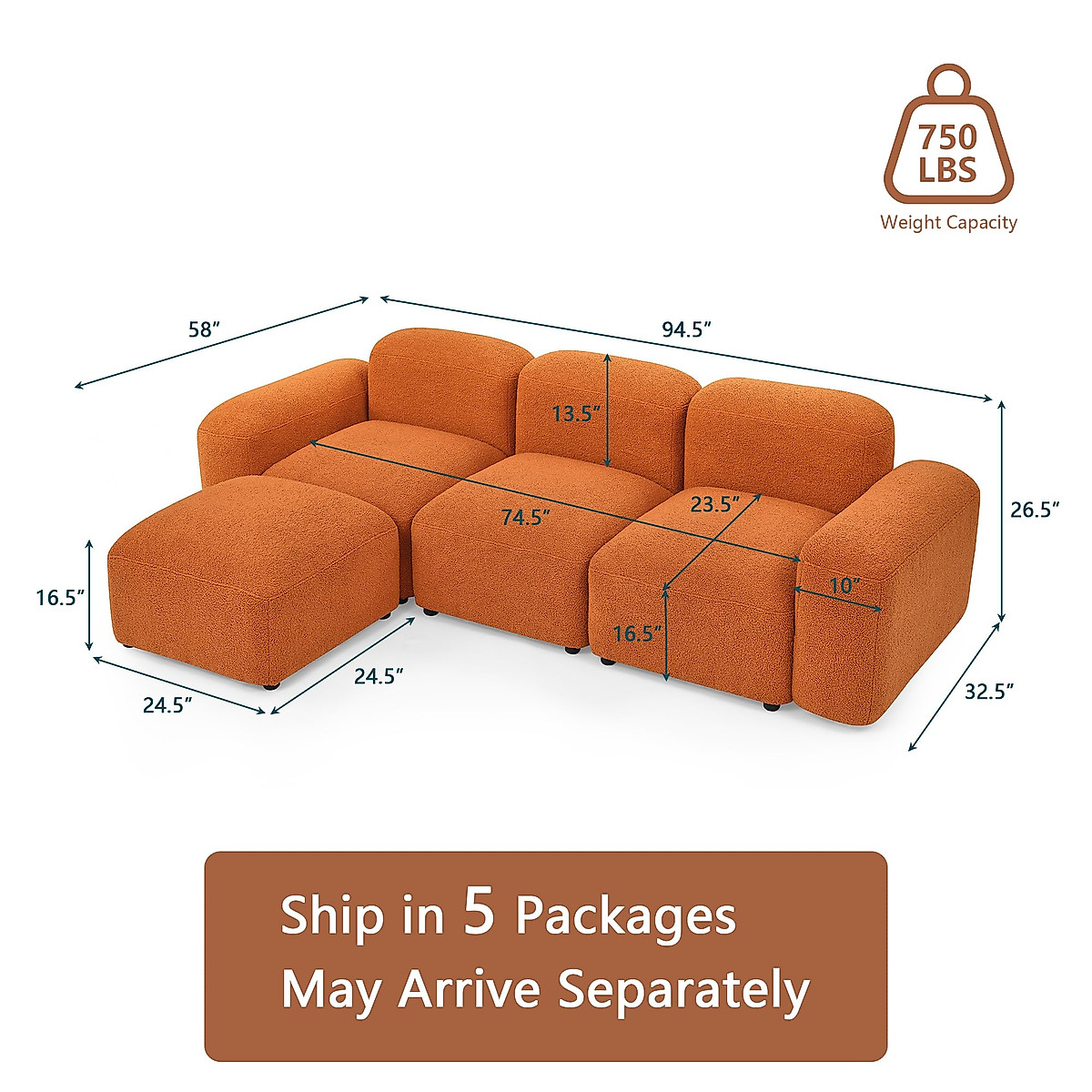 VEPXXP 94” Modular Sectional Sofa with Ottoman Modern Teddy Fleece 3 Seater Cloud Couch L Shaped Sofa Couch for Living Room, Office, Apartment, Orange