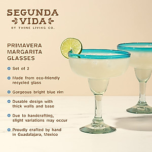 Segunda Vida Primavera Stemmed Margarita Glasses - Blue Rim Margarita Glass Set Made in Mexico - 100% Recycled Glass 10oz Set of 2