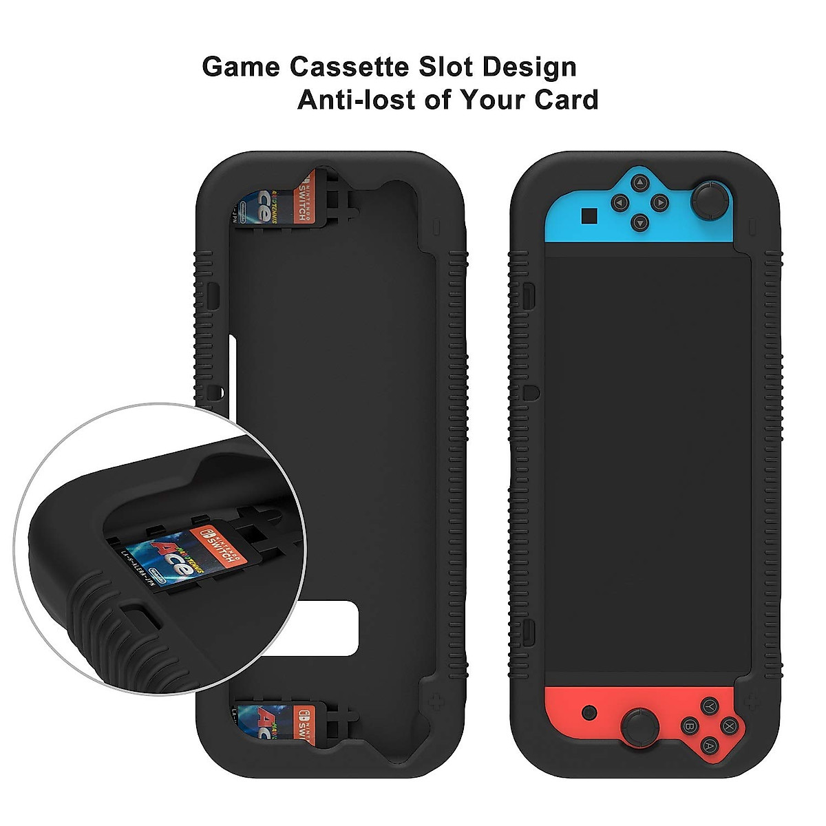 Teyomi Protective Silicone Case for Nintendo Switch, Grip Cover with Tempered Glass Screen Protector, 2 Storage Slots for Game Cards, Shock-Absorption & Anti-Scratch (Black)