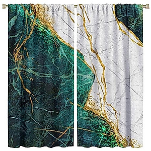 Marble Blackout Curtain,Ombre Emerald Green Golden Texture Backdrop Drapes,Rod Pocket Insulated Window Curtains for Living Room Bedroom Kitchen,42x45in