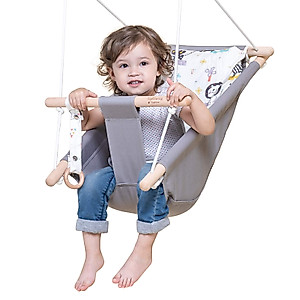 Baby Swing for Baby and Toddler, Canvas Baby Hammock Swing Indoor and Outdoor with Safety Belt and Mounting Hardware, Wooden Hanging Swing Seat Chair for Baby up to 4 Year - Cute Animal