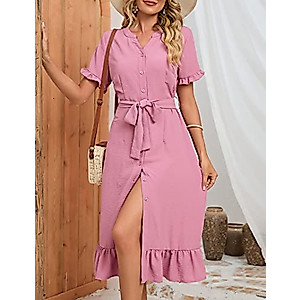 KOJOOIN Women's Button Down Midi Shirt Dress Summer Short Sleeve Tie Waist Split Business Casual Work Long Maxi Dress Dusty Pink XL