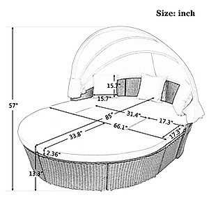 QUUL Rattan Daybed Sunbed Outdoor with Retractable Canopy Wicker Furniture, Round Outdoor Sectional Sofa Set, Black