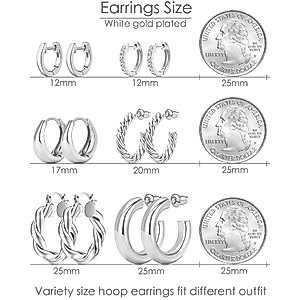 Adoyi Silver Hoop Earrings Set for Women Small Gold Hoops Twisted Huggie Hoop Earrings 14K Plated for Women Gift Lightweight 6 Pairs Ball Earrings