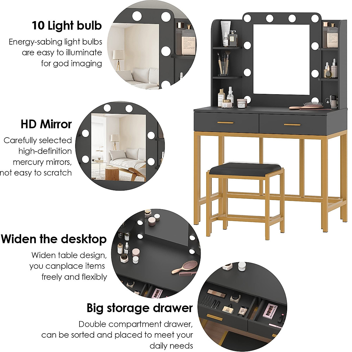 Makeup Vanity with Lighted Mirror, Black Vanity Mirror with Lights and Table Set, Vanity Set with 10 LED,Vanity Desk with 3 Lighting Modes and 2 Drawers&Cushioned Stool for Bedroom