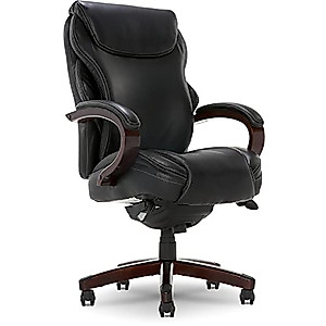 La-Z-Boy Hyland Executive Office Chair with AIR Technology, Adjustable High Back Ergonomic Lumbar Support, Bonded Leather, Mahogany Wood Finish/Black