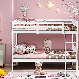Costzon Wood Twin Over Twin Bunk Beds Convertible 2 Individual Twin Beds for Kids Children, Solid Rubberwood Bunk Bed with Ladder and Safety Rail (White)