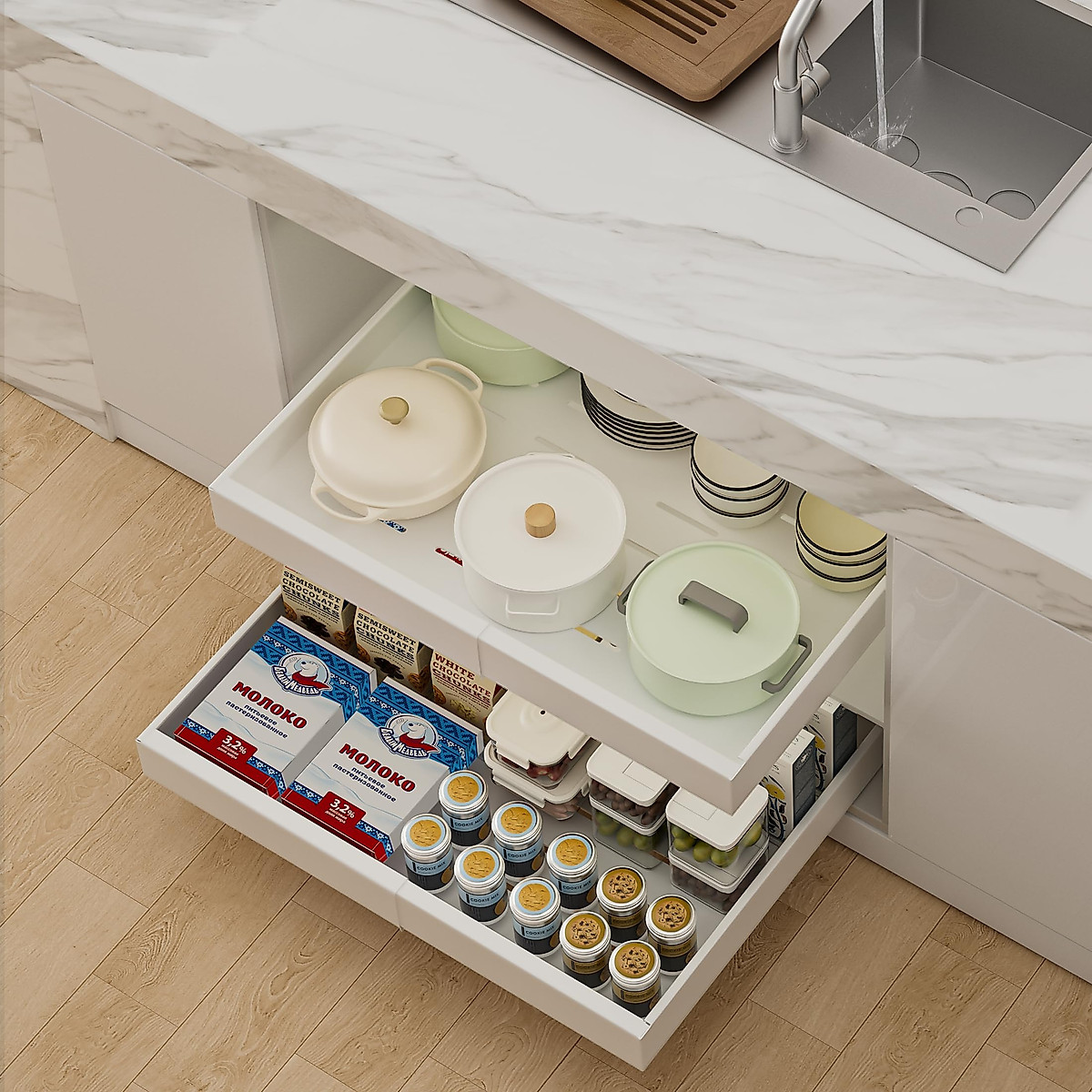 Seinloes 2 Pack Expandable Pull Out Cabinet Organizer 21" Deep, Upgrade 3 Slide Rails Slide Out Drawers for Kitchen Cabinets, No Drill Roll Out Shelves Adhesive, Adjustable Width 12.05"-20.4" White