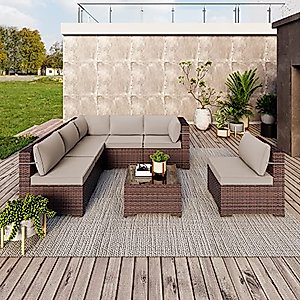 Piltwoff 7 Pieces Wicker Patio Conversation Sets,Modern Outdoor Sectional Furniture Patio Sets All-Weather for Backyard, Balcony(Brown)