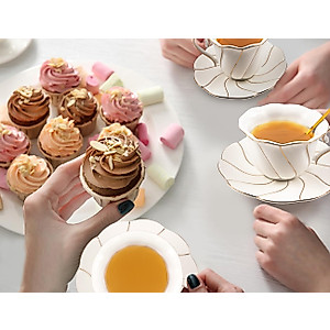 HSYTEK 22 Pcs Tea Sets for Women Tea Party, Luxury British Tea Cups & Saucers Set of 6, Porcelain Tea Sets Gift for Adults with Golden Trim, Tea Party & Coffee, (Including a Stand)-White