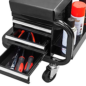 Torin APD2016AB Rolling Tool Chest/Tool Box with 3 Drawers and Wheels, Padded Mechanic Stool Creeper Seat, Black