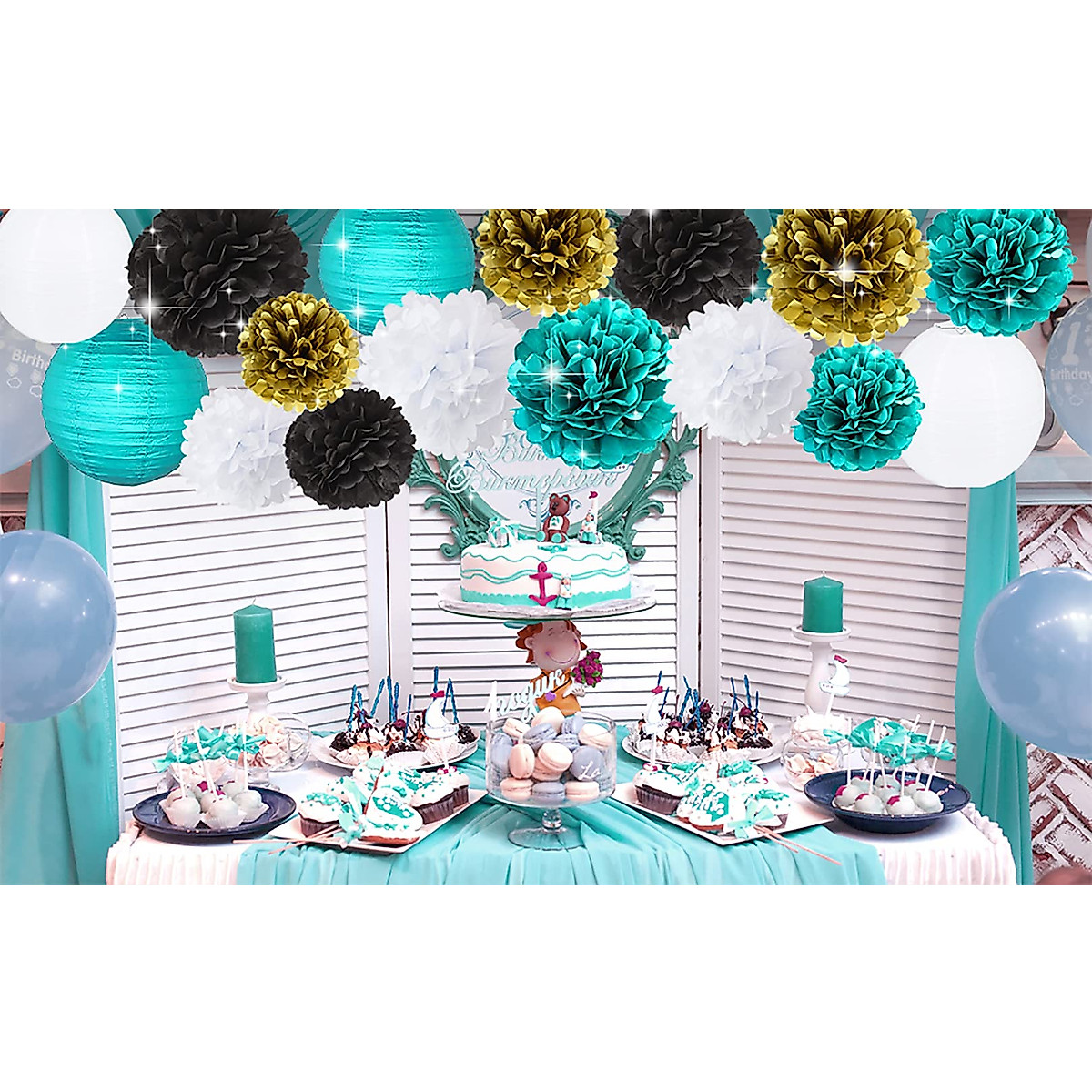 Turquoise Graduation Party Decorations 2024 White Teal Black Gold Party Decorations Paper Lanterns for Teal Theme Party Wedding, Teal Black Bridal Shower Decor Teal Baby Shower Teal Wedding Decoration