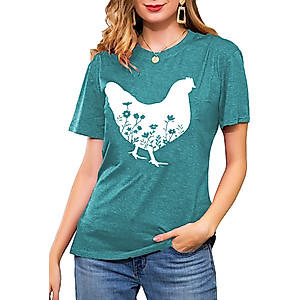 Chicken Shirts for Women Floral Chicken T Shirt Funny Chicken Graphic Tee Casual Farm Girl Clothes