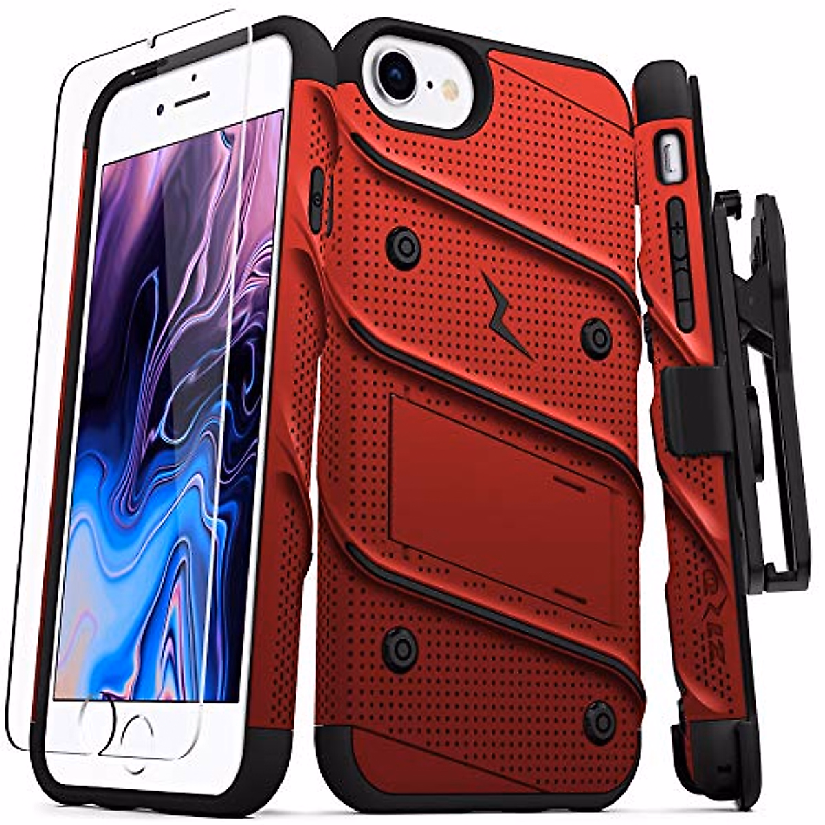 ZIZO Bolt Series for iPhone SE (3rd and 2nd gen)/8/7 Case with Screen Protector Kickstand Holster Lanyard - Red & Black