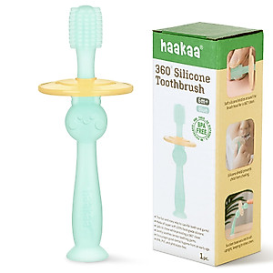 haakaa Baby Toothbrush Baby - 360° Food Grade Silicone Toothbrush for Baby 6M Toothbrush with Shield & Base Design, 1pc (Blue)