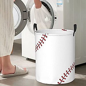 Gbuzozie 38L Round Laundry Hamper Red Stitching Baseball Storage Basket Waterproof Coating White Ball Organizer Bin For Nursery Clothes Toys