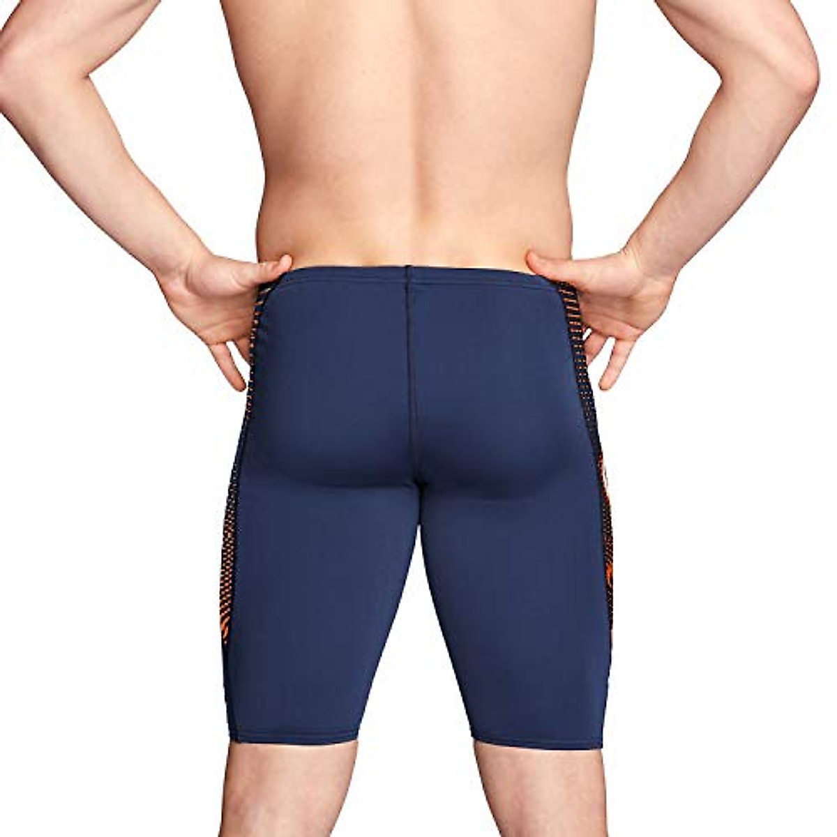Speedo Men's Standard Swimsuit Jammer Endurance+ Printed Team Colors, Solar Navy/Orange, 30