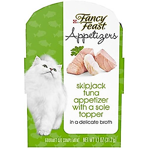 Purina Purely Fancy Feast Appetizers Cat Treats Flavor Variety Sampler Bundle of 12 Containers, (1.1 Ounces Each) with a Bundle a Plastic Noisy Cat Toy Ball and WMB's Sticker.