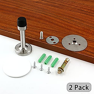 Suiwotin 2pcs 3 Inch Door Stops, Stainless Steel Wall Mount Screw Doorstop with Rubber Bumper, Self Adhesive Sound Dampening Door Stopper (Brushed Silver)
