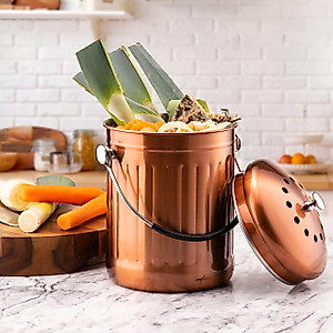 RED FACTOR Premium Compost Bin for Kitchen Countertop - Stainless Steel Food Waste Bucket with Innovative Dual Filter Technology - Includes Spare Filters (Matt Copper, 1.3 Gallon)