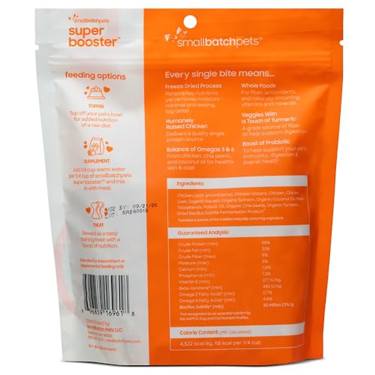 smallbatch Pets Freeze-Dried Super Booster Chicken Bites for Dogs & Cats, 18 oz, Made in The USA, Humanely Raised Single Protein Source, Topper & Treat, with Organic Vegetables and Probiotics